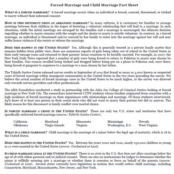 forced marriage sheet - AHA Foundation