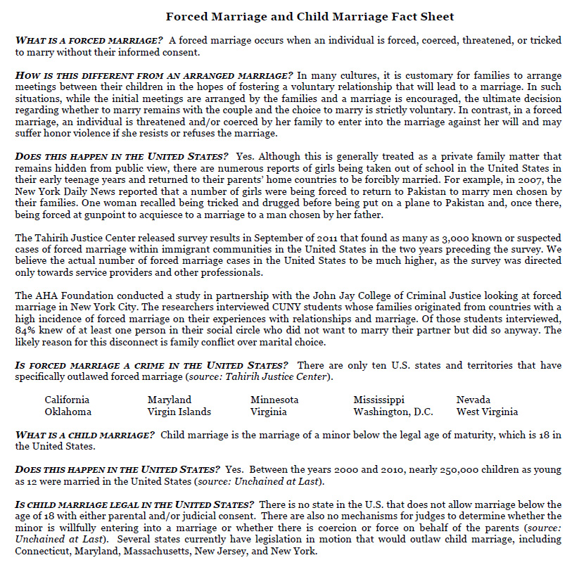forced marriage sheet - AHA Foundation